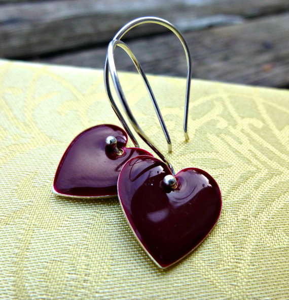 Merlot Wine, Dark Red Heart Earrings, Enamel Earrings. Valentines Day ...