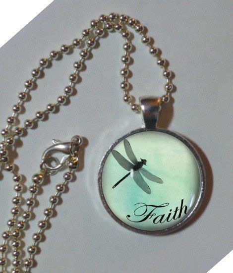 Faith. Green Dragonfly Faith Pendant Necklace. 1" Glass, Metal, Chain ...