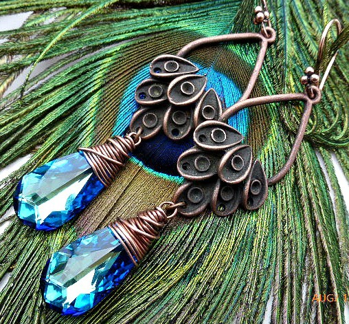 Peacock Feather Copper Pendants, Copper Wire Wrapped And Blue Crystal ...
