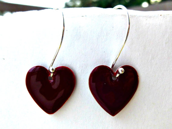 Merlot Wine, Dark Red Heart Earrings, Enamel Earrings. Valentines Day ...