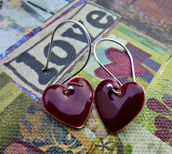 Merlot Wine, Dark Red Heart Earrings, Enamel Earrings. Valentines Day ...