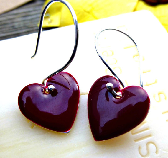 Merlot Wine, Dark Red Heart Earrings, Enamel Earrings. Valentines Day ...